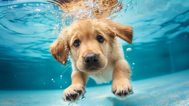 Puppy Exercise Play with Fun in Swimming Pool on Summer Stock ...