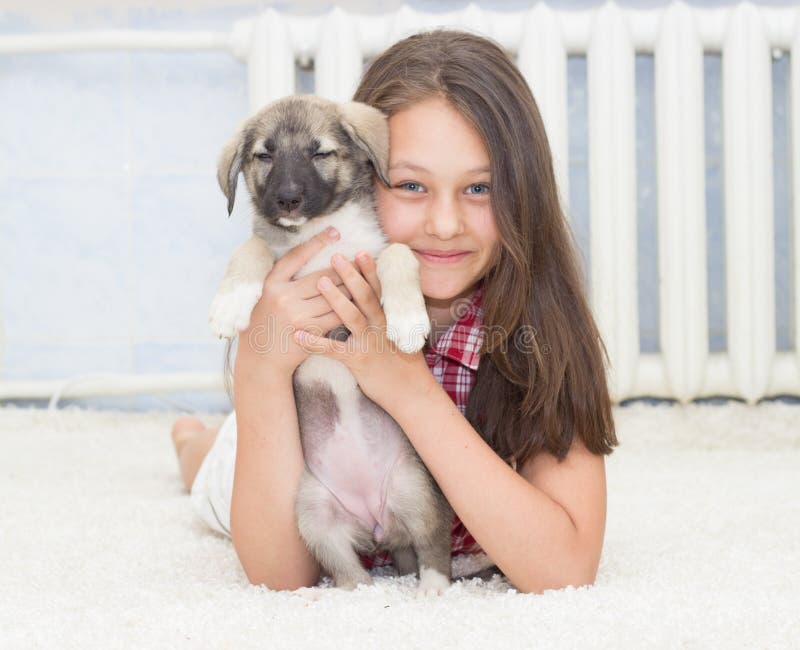 Puppy and girl stock image. Image of girl, embracing - 74506313