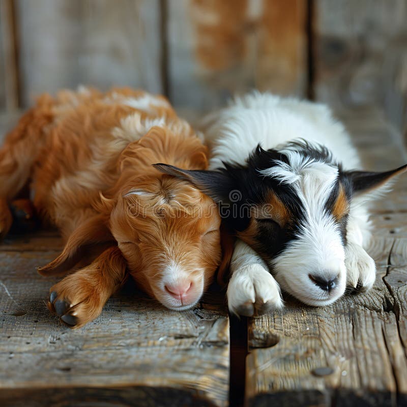 Puppy and Goat Sleeping Together. Stock Illustration - Illustration of ...