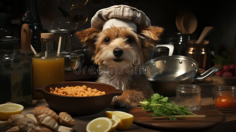 Puppy in Hat and Apron Surrounded by Cooking Ingredients. Generative AI ...