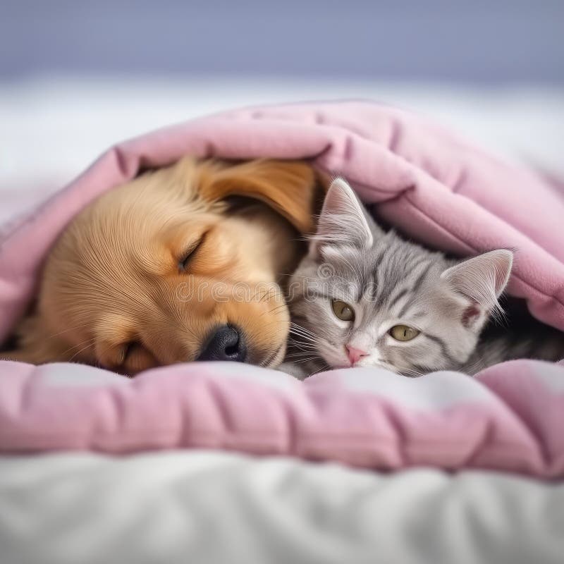 Puppy and Kitty Sleeping Generative AI Stock Illustration ...