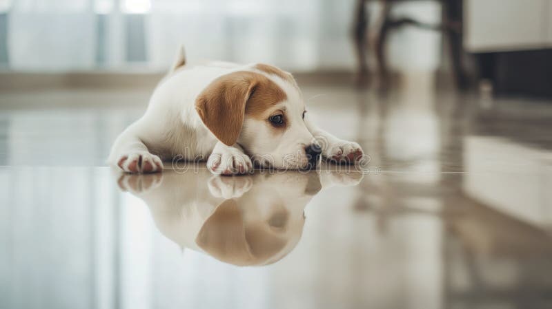 Puppy Lying on a Shiny Floor Reflecting Its Image. the Puppy Appears ...