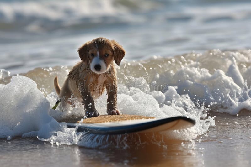 Puppy on a Mini Surfboard Riding a Gentle Wave Stock Photo - Image of ...