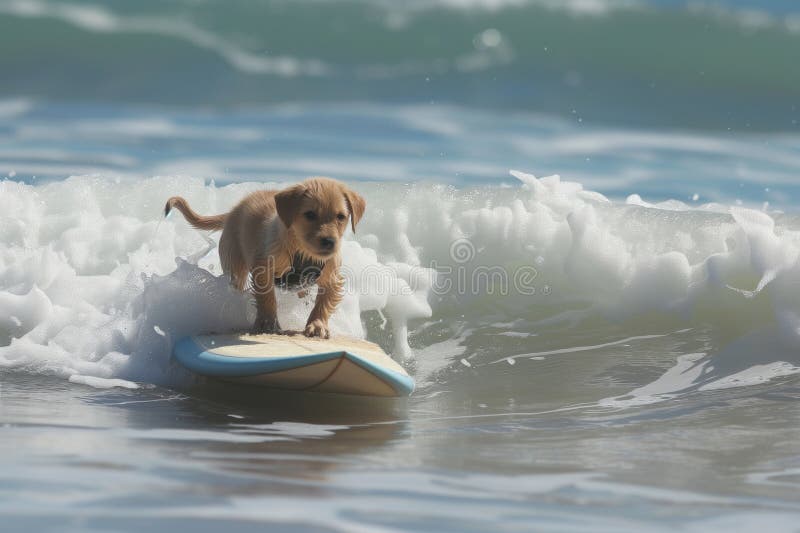 Puppy on a Mini Surfboard Riding a Gentle Wave Stock Image - Image of ...