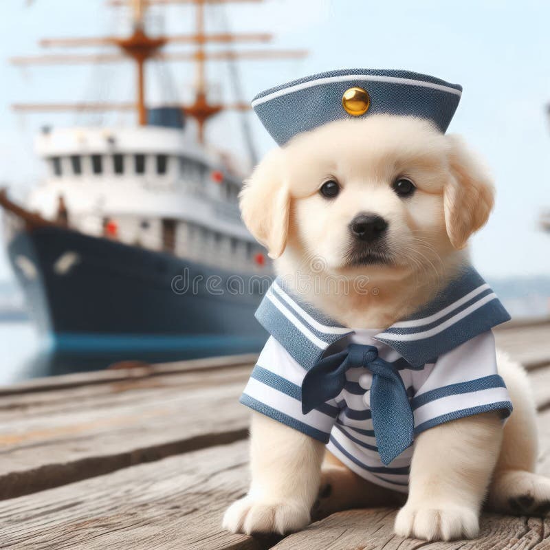 A Puppy in a Naval Uniform with a Ship in the Background. Stock Image ...