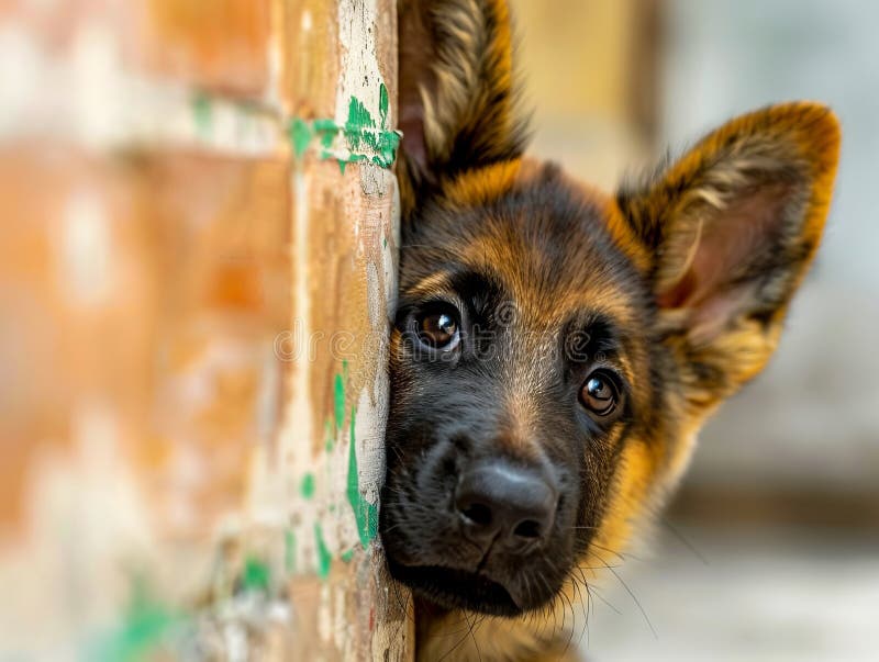 A Puppy Peeking Out from Behind a Brick Wall Stock Image - Image of ...