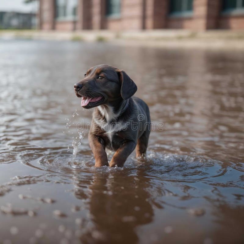 Puppy Playing in Puddle stock illustration. Illustration of young ...
