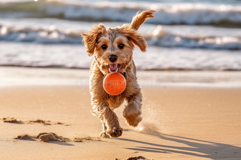 Puppy Running on Beach with Toy, Dog Runs with Beach Ball Stock Photo ...