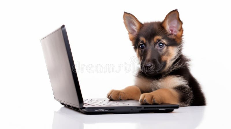 German Shepherd Puppy Using Computer in a Surreal White Space Stock Illustration - Illustration ...