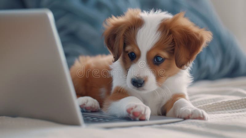 Puppy Sitting in Front of Laptop on Bed: Home Office and Study Vibes ...