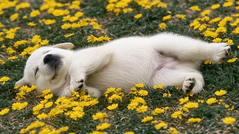 Puppy Sleeping Flowers Field Spring Playful Cute Stock Photo - Image of ...