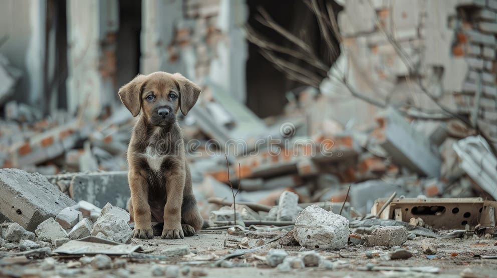 Puppy Standing among the Rubble of a Destroyed Building Stock Photo ...