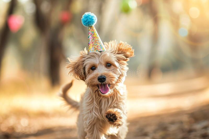 A Puppy Wearing a Party Hat and Wagging Its Tail Excitedly Stock Image ...