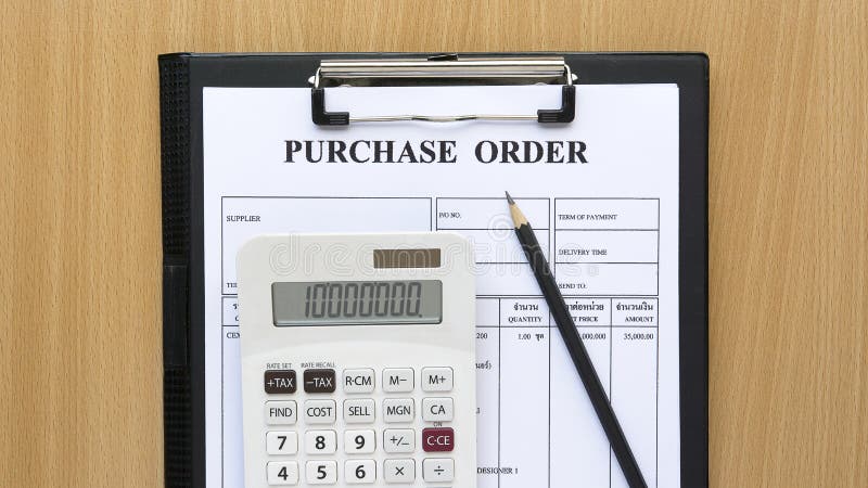 Purchase Order and Calculator on Wooden Floor Stock Photo - Image of ...