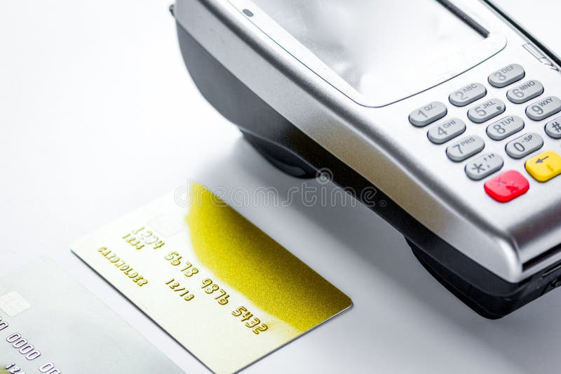 Purchasing Concept with Card Payment and Terminal on Table Background ...