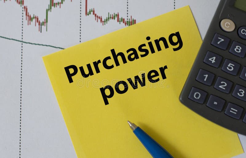 PURCHASING POWER Words on Yellow Sheet on Table with Pen, Calculator ...