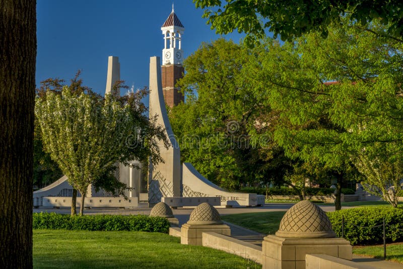 Purdue University Bell Clock and Fountain Stock Image - Image of grass ...