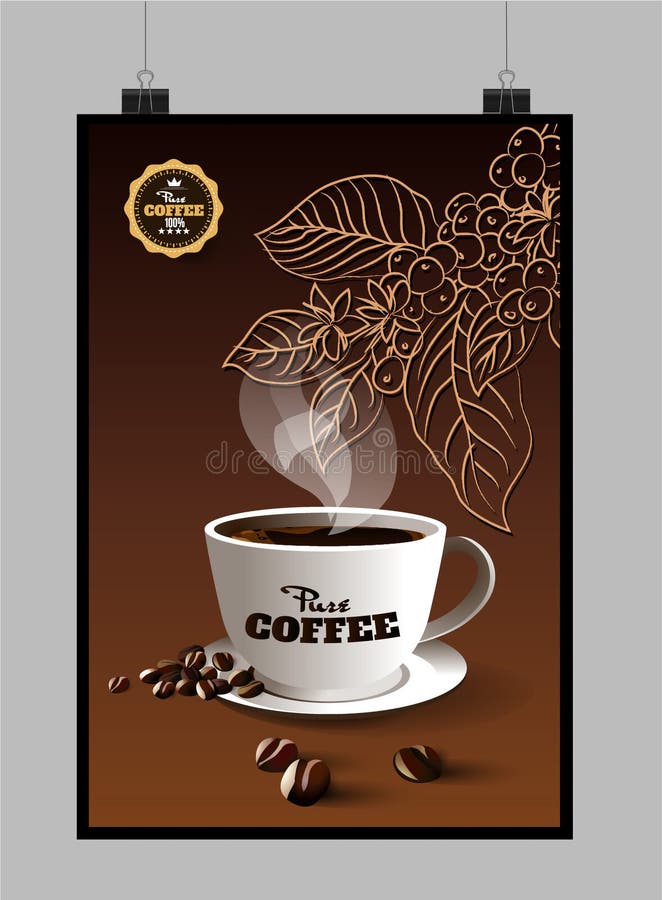 Pure Coffee Advertisement Brown Design Cup Leaves Stock Vector ...