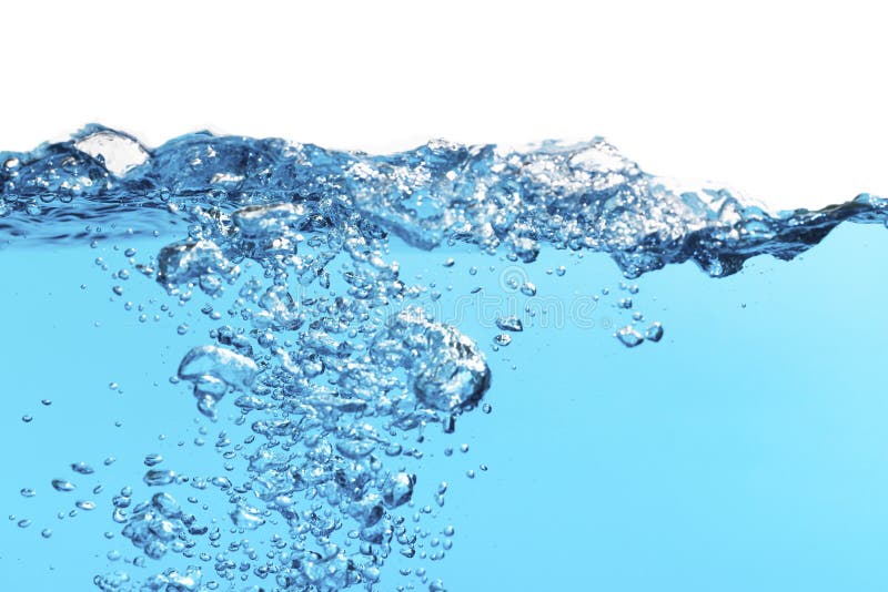 Pure Blue Water Splash with Air Bubbles on White Background. Stock ...