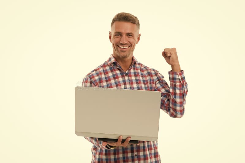Pure Success. Handsome Man Hold Laptop Isolated on White. Laptop ...