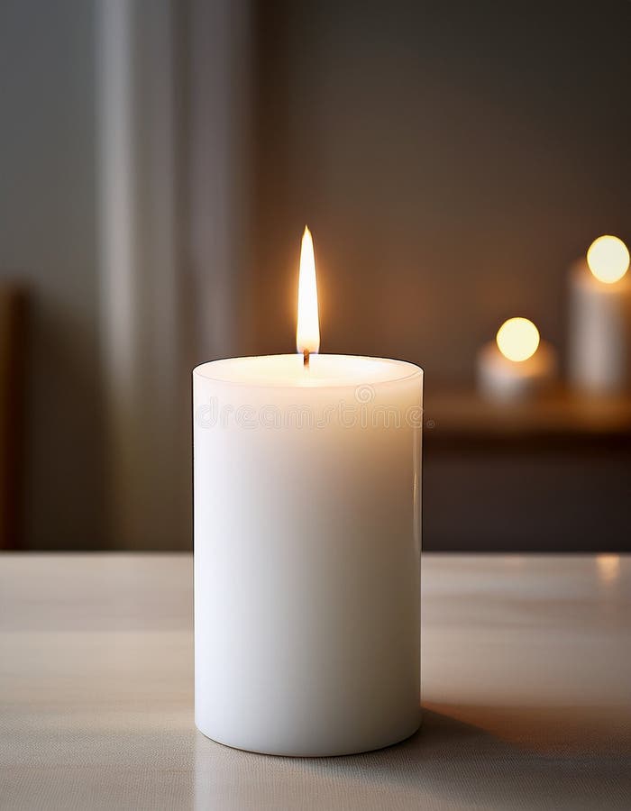 A Pure White Candle Lit with Soft Light on a Clean Neutral Table ...
