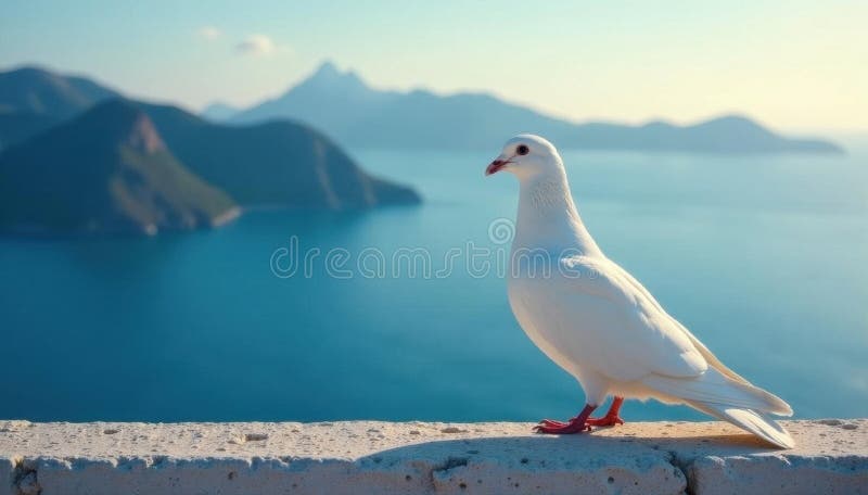 Pure White Pigeon Against Dramatic Sea and Mountain Backdrop , Graphic ...