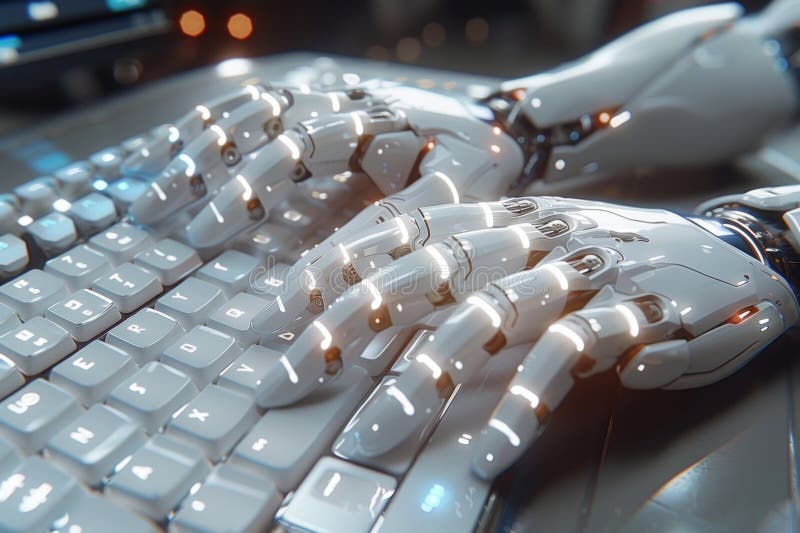 A Pure White Robotic Hand Types on a Sleek Keyboard in a Modern ...