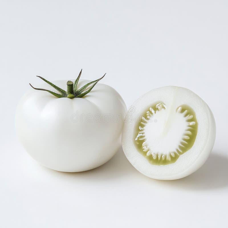 Pure White Tomato with Halved View on Minimalist White Surface Stock Photo - Image of unusual ...