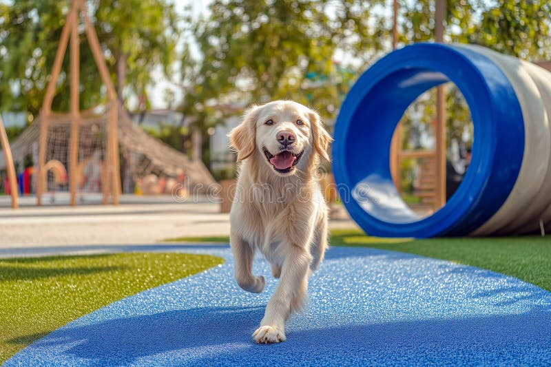 A Purebred Golden Retriever Dog Sprints through the Obstacle Course ...