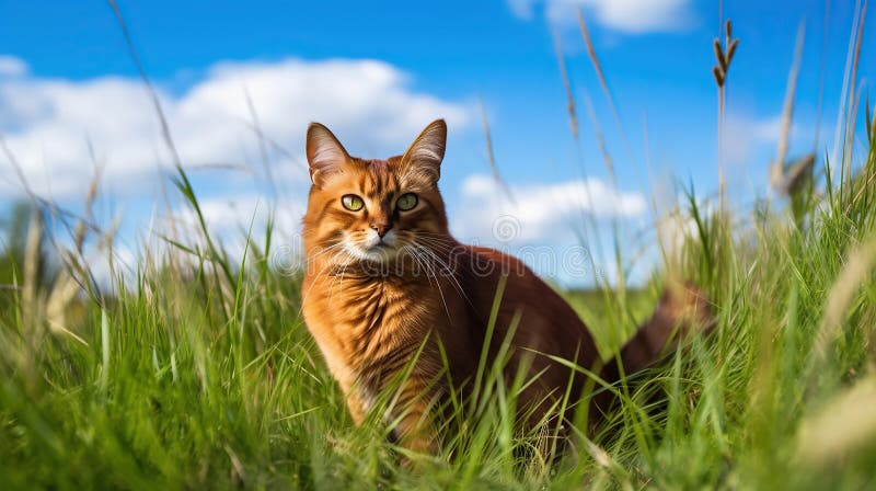 Purebred Somali Cat in the Grass Outside. Generative Ai Stock ...