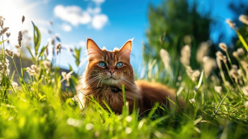 Purebred Somali Cat in the Grass Outside. Generative Ai Stock ...