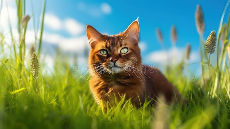 Purebred Somali Cat in the Grass Outside. Generative Ai Stock ...