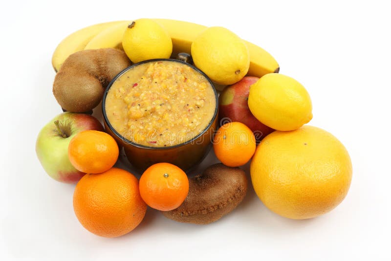 Puree in a Cup of Chopped Fresh Fruit and Whole Fruit Stock Photo ...