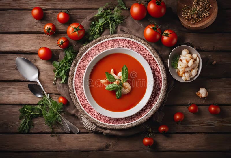 Puree Tomato View Soup Served Tomatoes Soup Festive Flat Table Seafood