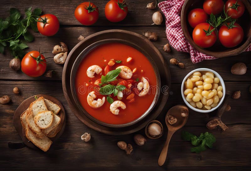 Puree Tomato View Soup Served Tomatoes Soup Festive Flat Table Seafood