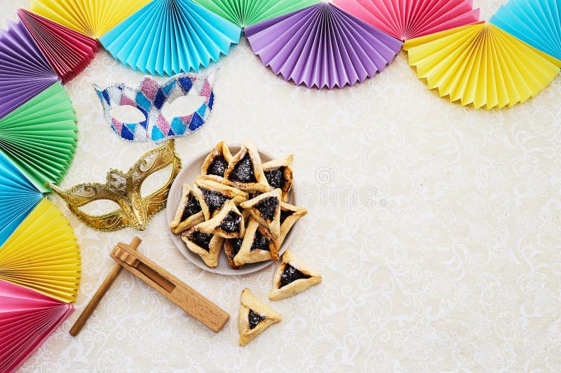 Purim Festive Setup. Colorful Purim Scene with Masks, Stock Photo ...