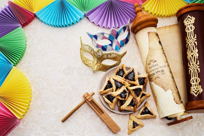 Purim Festive Setup. Colorful Purim Scene with Masks, Stock Photo ...