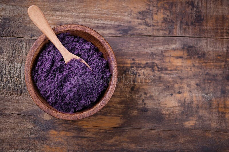 Purple Acai Powder in Wooden Bowl on Rustic Wooden Table Stock Image ...