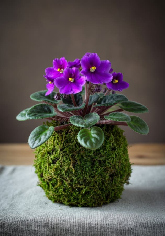 Purple African Violet in Moss Kokedama on Rustic Wooden Table Stock ...
