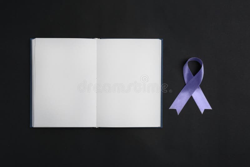 Purple Awareness Ribbon and Open Notebook on Black Background, Top View ...
