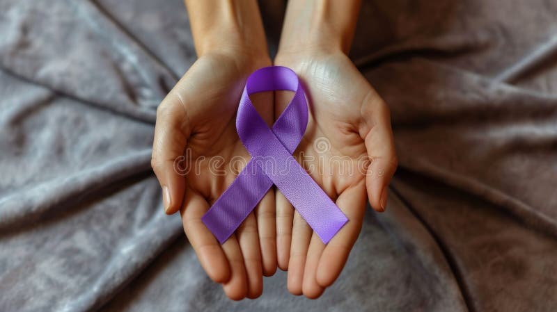 Purple Awareness Ribbon on the Opened Hands, Top View Stock ...