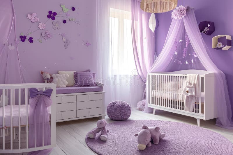 Purple Baby Bedroom with Cot Stock Illustration - Illustration of baby ...
