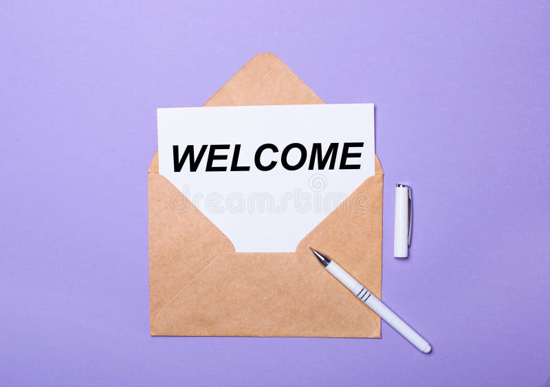 On a Purple Background, a White Pen, a Craft Envelope and a White Card ...