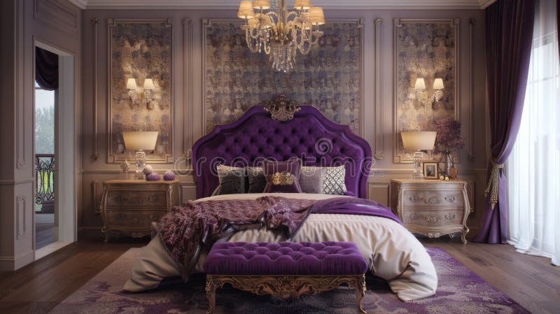 A Purple Bed with a Headboard and Foot Board in the Middle of a Room ...
