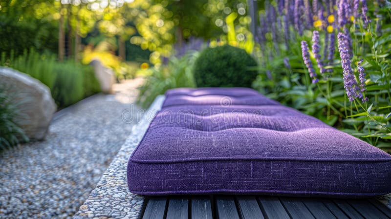 Purple Bench Cushion Along a Garden Path among Vibrant Greenery. Stock ...