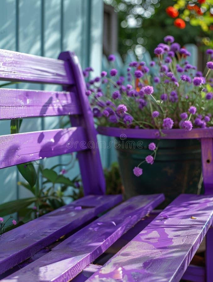Purple Bench Flowers Tranquil Garden Setting Stock Photos - Free ...