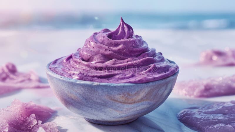 Purple Berry Smoothie in a Bowl with Creamy Texture on the Beach. Stock ...