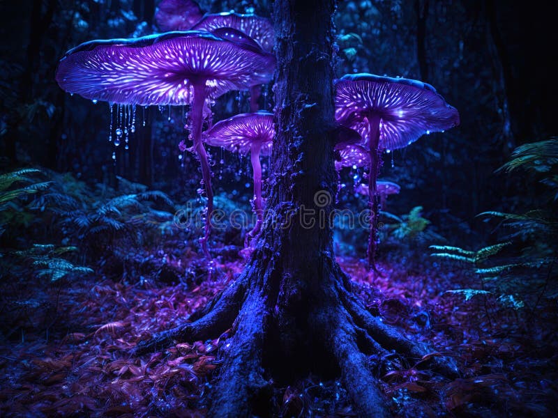 Purple Bioluminescent Fungus on Tree in Forest Stock Illustration ...