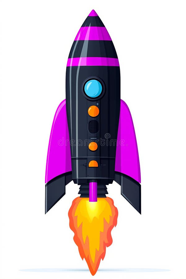 A Purple and Black Rocket Ship with Orange Flames Coming Out of it ...