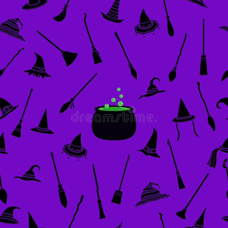 Purple and Black Seamless Pattern Halloween Broom and Magic Cauldron or ...
